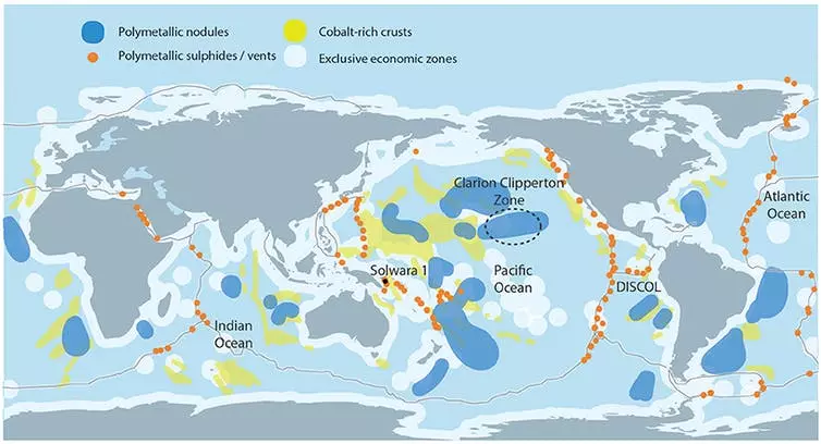Mapa dos océanos mundiais que mostra onde se atopan os principais depósitos de metais.