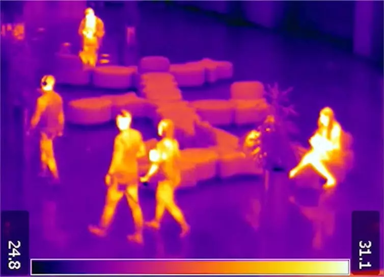 Infračervený farebný obraz ľudí kráčajúcich a sediacich v miestnosti