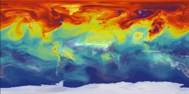 Mtundu wa NASA wowonetsa CO2 (yozungulira yachikasu/yofiyira) ikuyenda padziko lonse lapansi