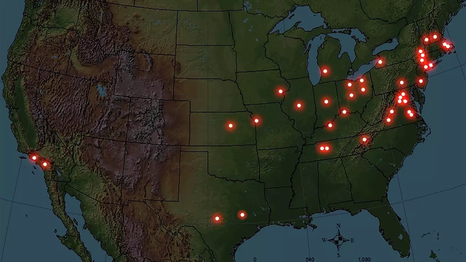 تُظهر هذه الخريطة جميع مقابر الرئاسة الأمريكية البالغ عددها 39 مقبرة