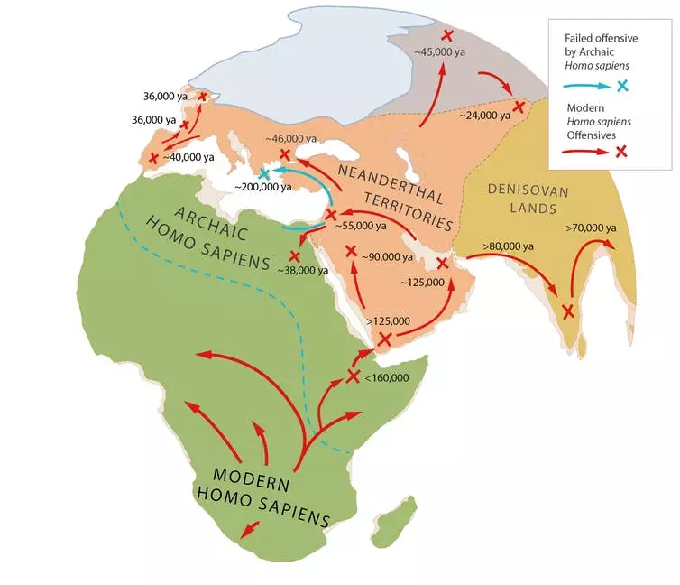 さまざまな人間の祖先と親戚の領土を示すユーラシア大陸とアフリカの地図。